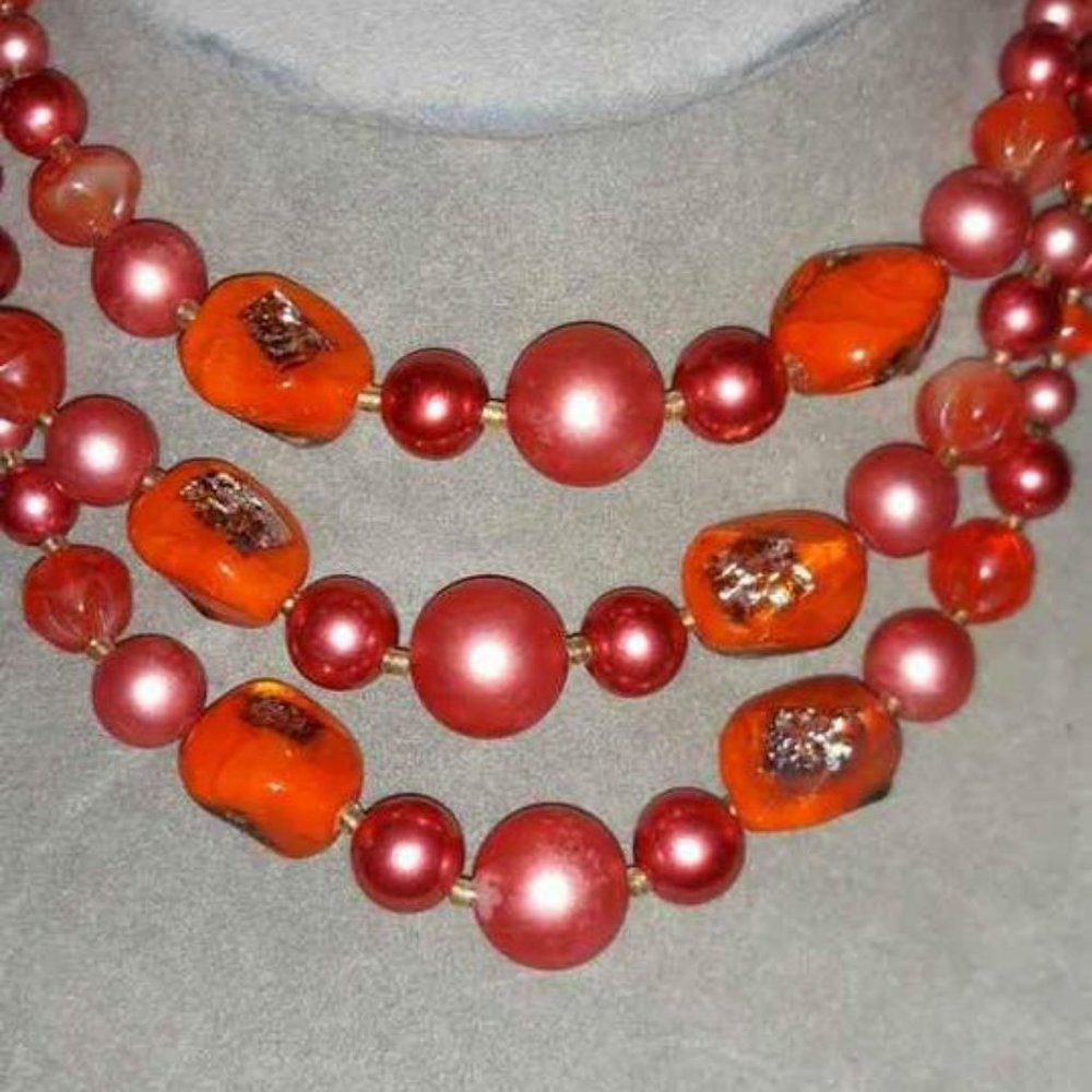 Vintage Japan Orange Triple Strand Gold Leaf Embedded… - Gem